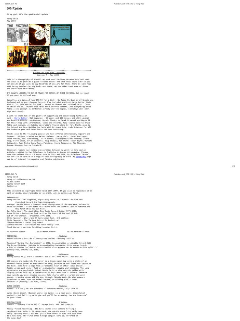 Australian Punk Rock Discography 1976-1983 | PDF | Punk Rock