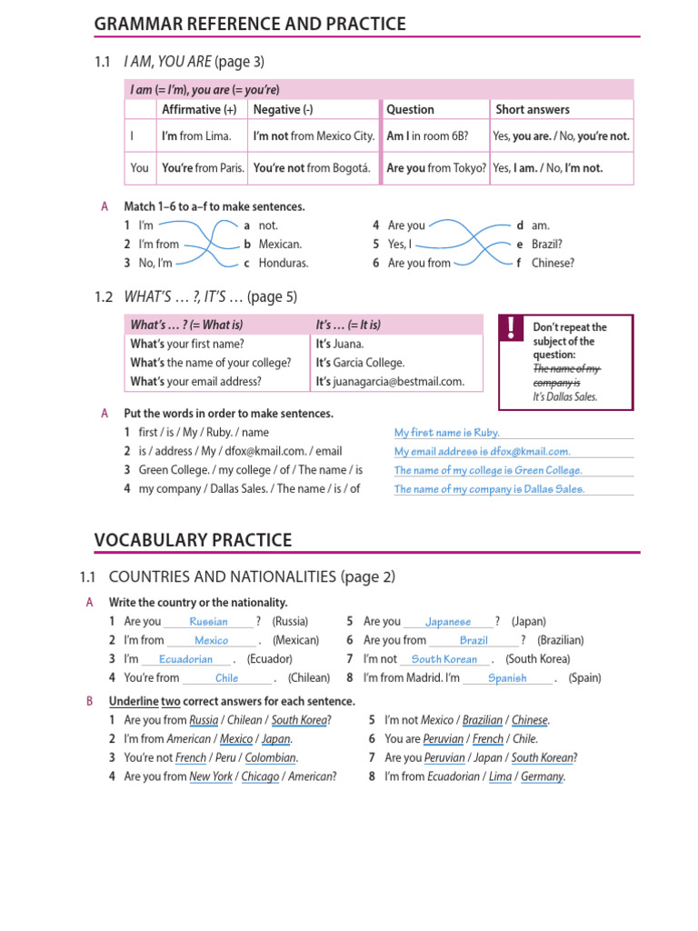Grammar & Vocabulary Practice, Workbook Answers • _250325_145739 | PDF ...