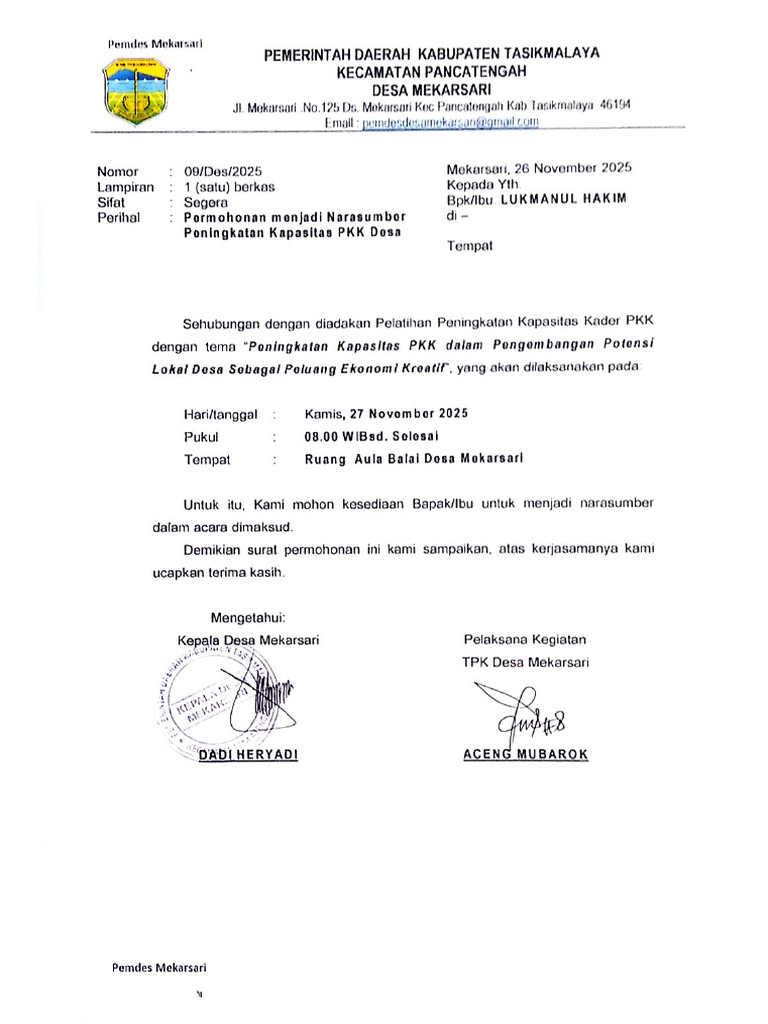 Surat Undangan PKK Dan Kader | PDF