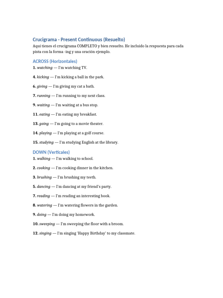 Crucigrama Present Continuous Resuelto | PDF