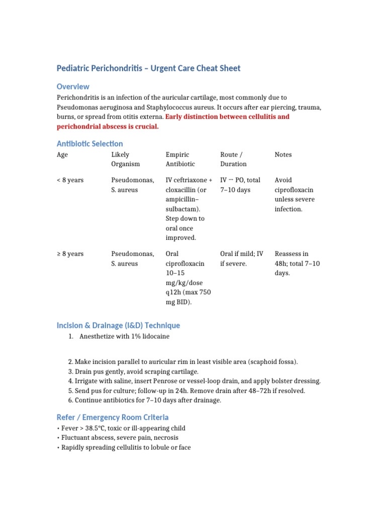 Pediatric Perichondritis Urgent Care CheatSheet | PDF | Medical ...