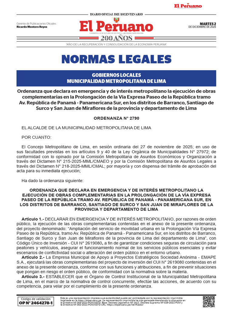 Ordenanza N°2790 MML Declaratoria de Emergencia Vía Ex Sur | PDF | Lima ...