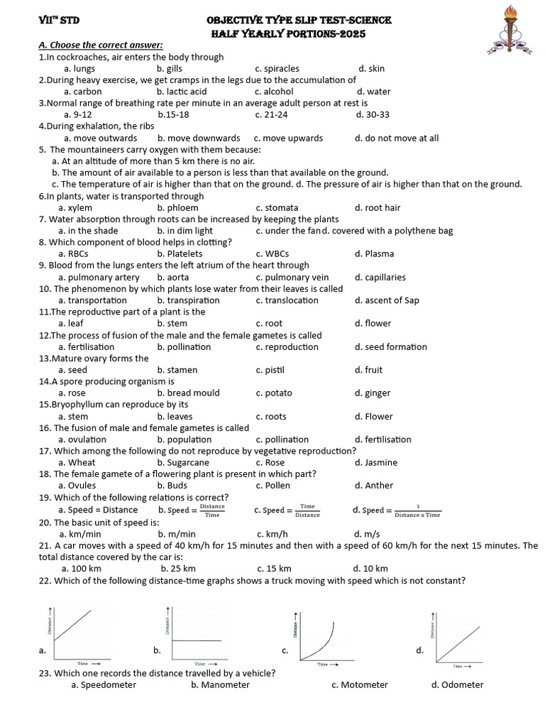 7th One Mk Half Yearly Quest | PDF | Flowers | Respiratory System