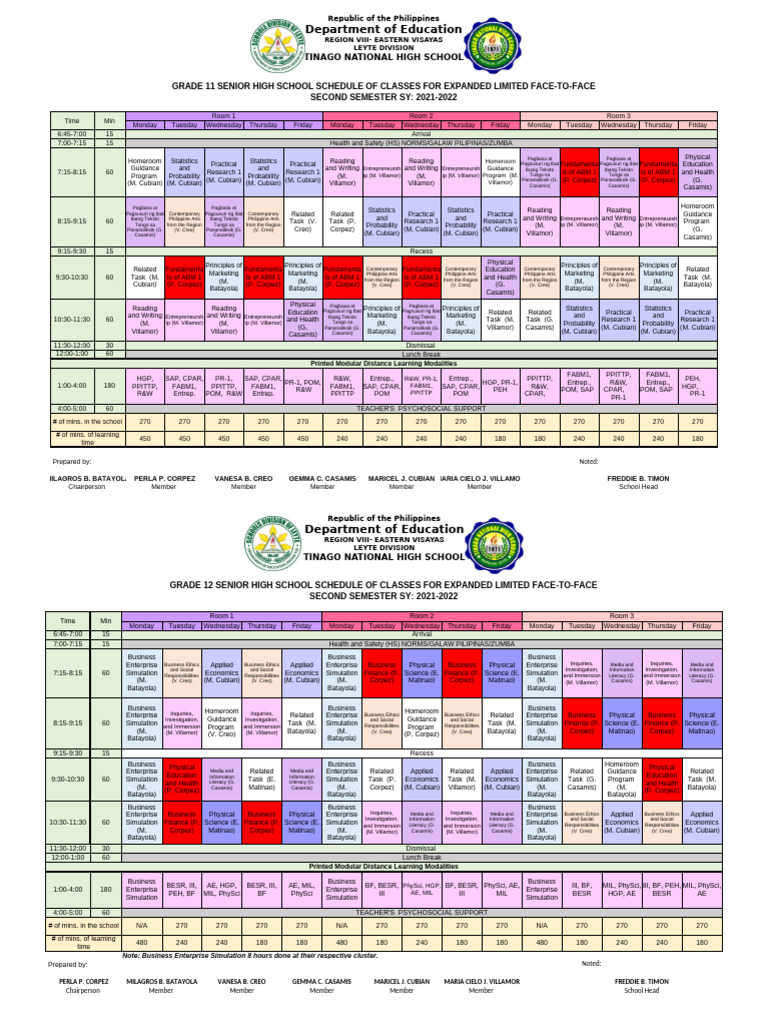 Senior High School Class Schedule 2021-2022 | PDF