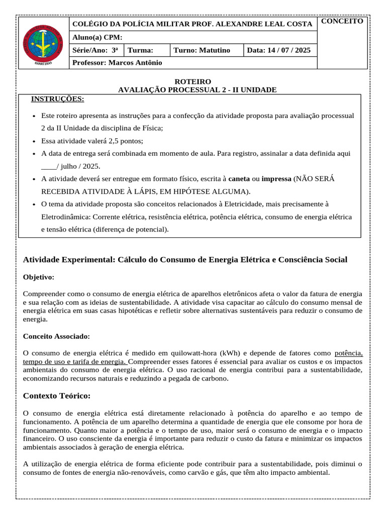 ROTEIRO AP2 3ª SÉRIE II UNIDADE | PDF | Energia elétrica | Eletricidade
