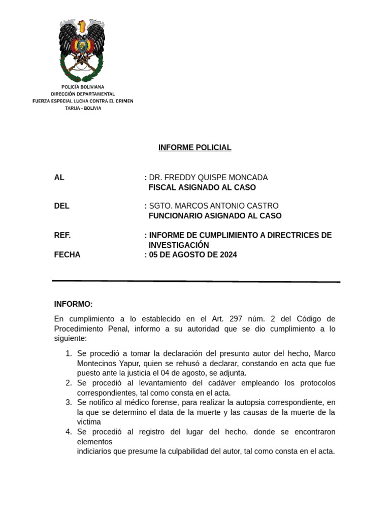 Informe Policial de Cumplimiento de Directrices de Inv. | PDF | Fiscal ...
