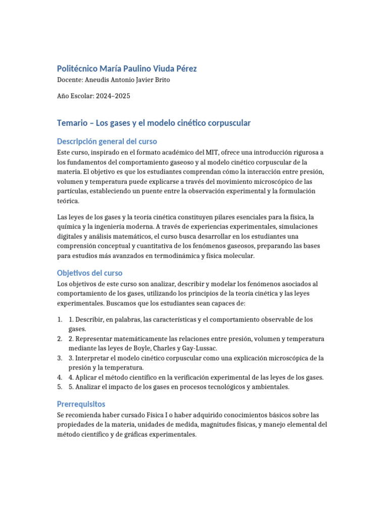 Temario Los Gases Modelo Cinetico Corpuscular MIT | PDF | Gases | Importar