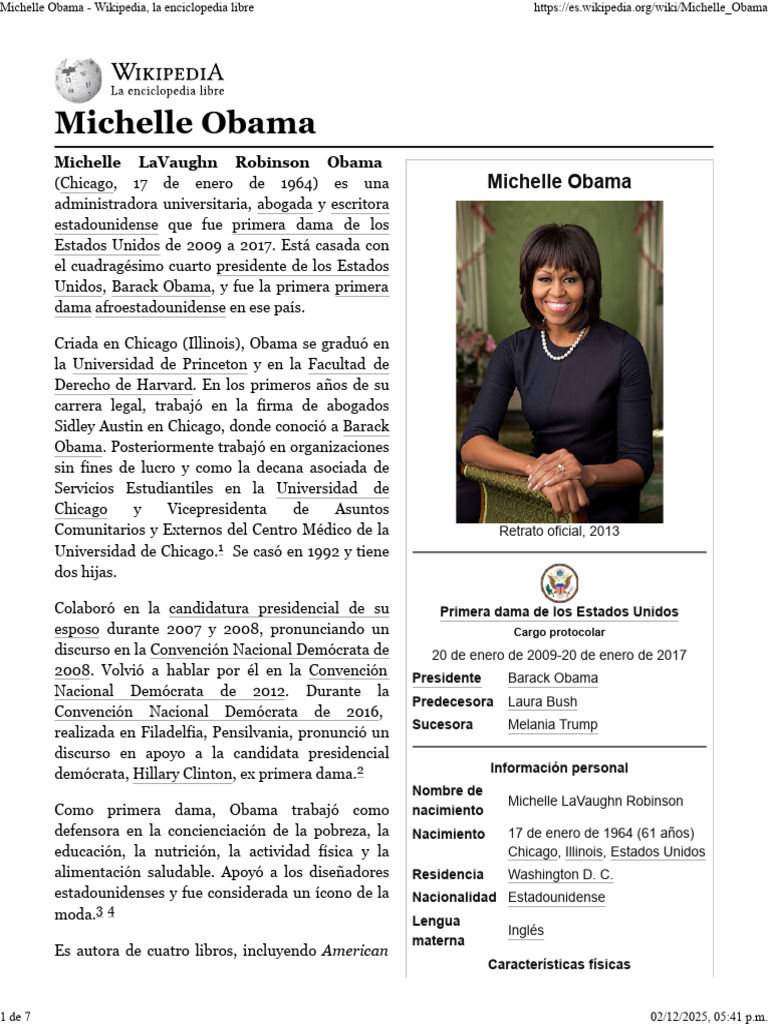 Michelle Obama - Wikipedia, La Enciclopedia Libre | PDF | Michelle ...