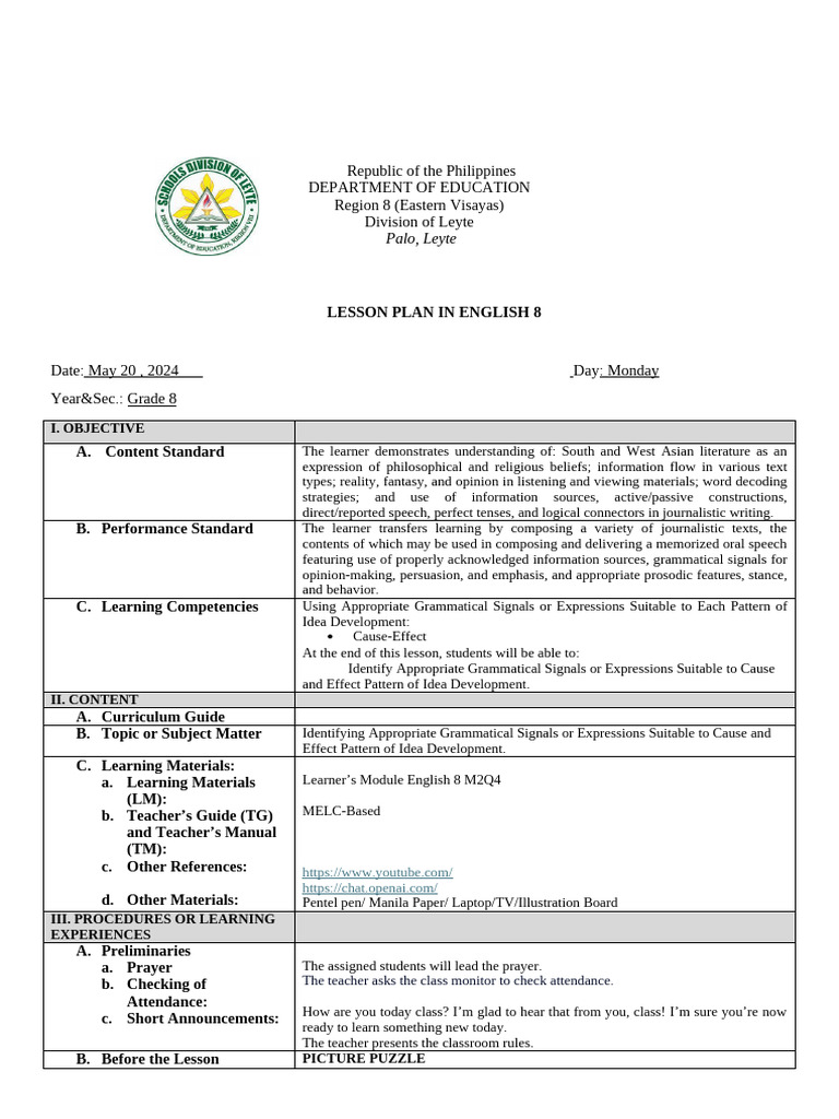 4Q Lesson 1.4 ENGLISH 8 Cause and Effect | PDF | Learning | Causality
