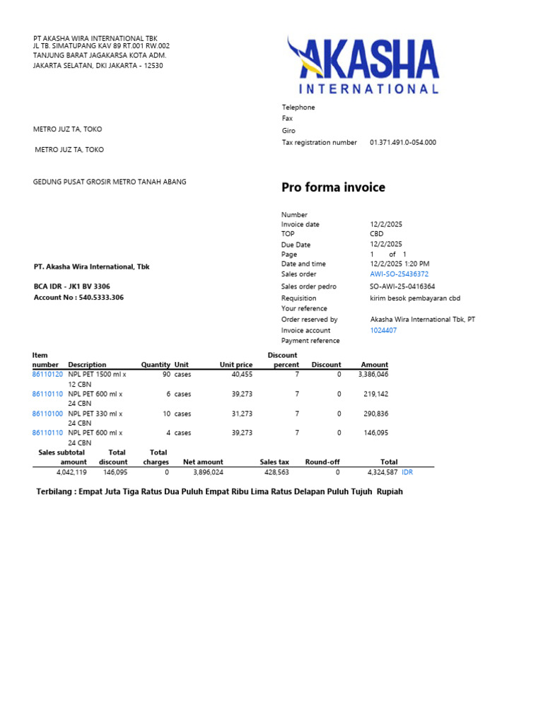 Pro Form Invoice Metro Juz Kiriman 03des2025 | PDF