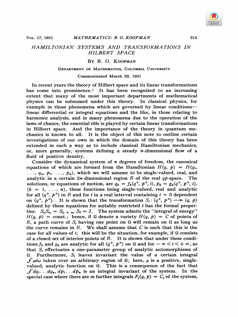 Koopman Hamiltonian Systems and Transformation in Hilbert Space | PDF ...