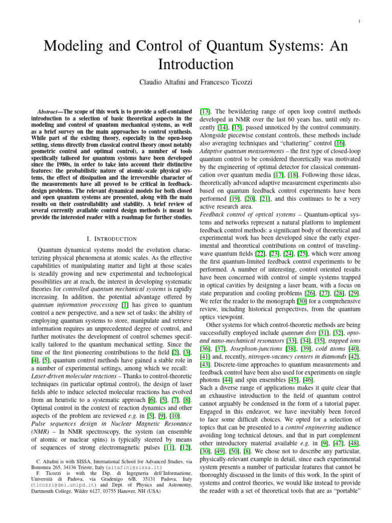2012- Modeling and Control of Quantum System | PDF | Quantum Mechanics ...