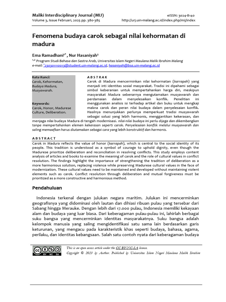 Carok: Kehormatan dan Budaya Madura | PDF