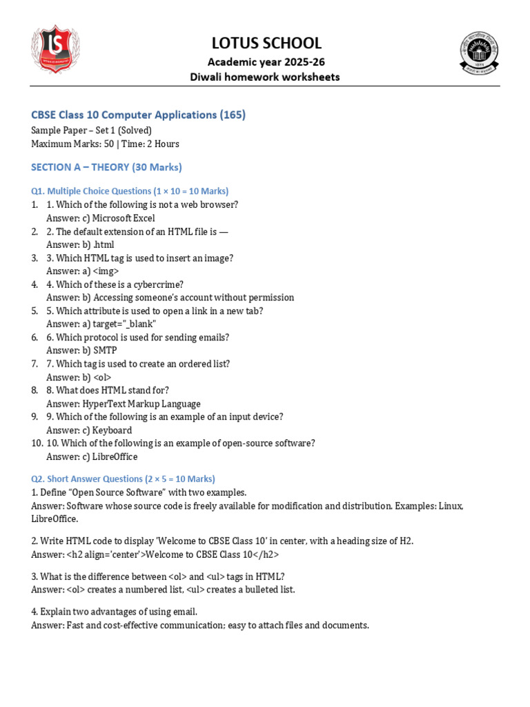 CBSE Class10 ComputerApplications SamplePaper1 | PDF | Html | Software Engineering