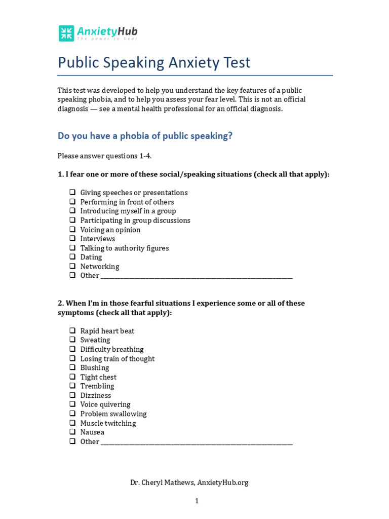 Public Speaking Anxiety Assessment Test | PDF | Phobia | Fear