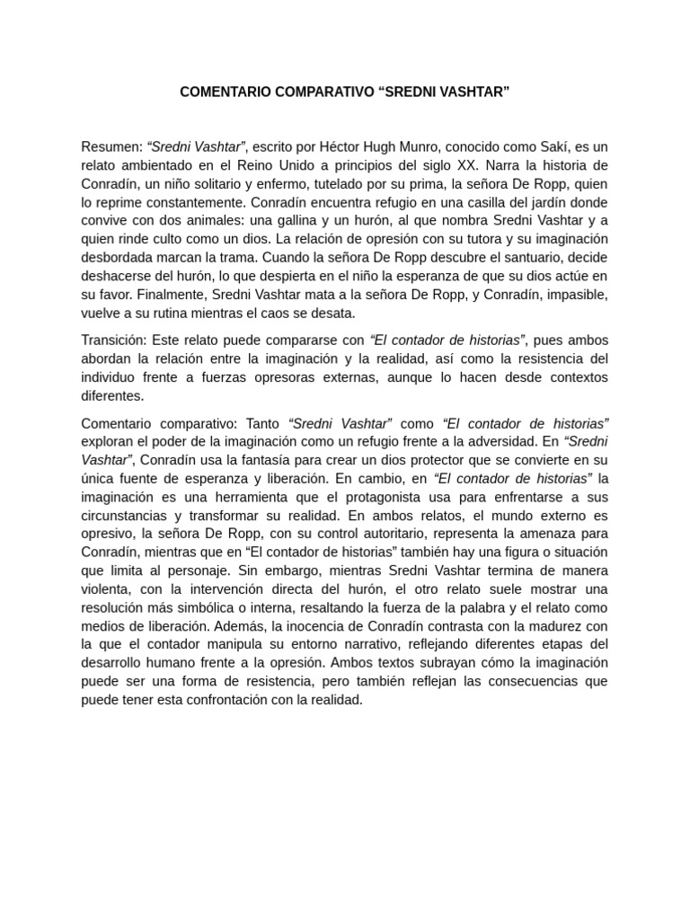 Comparativa de "Sredni Vashtar" y "El contador de historias" | PDF