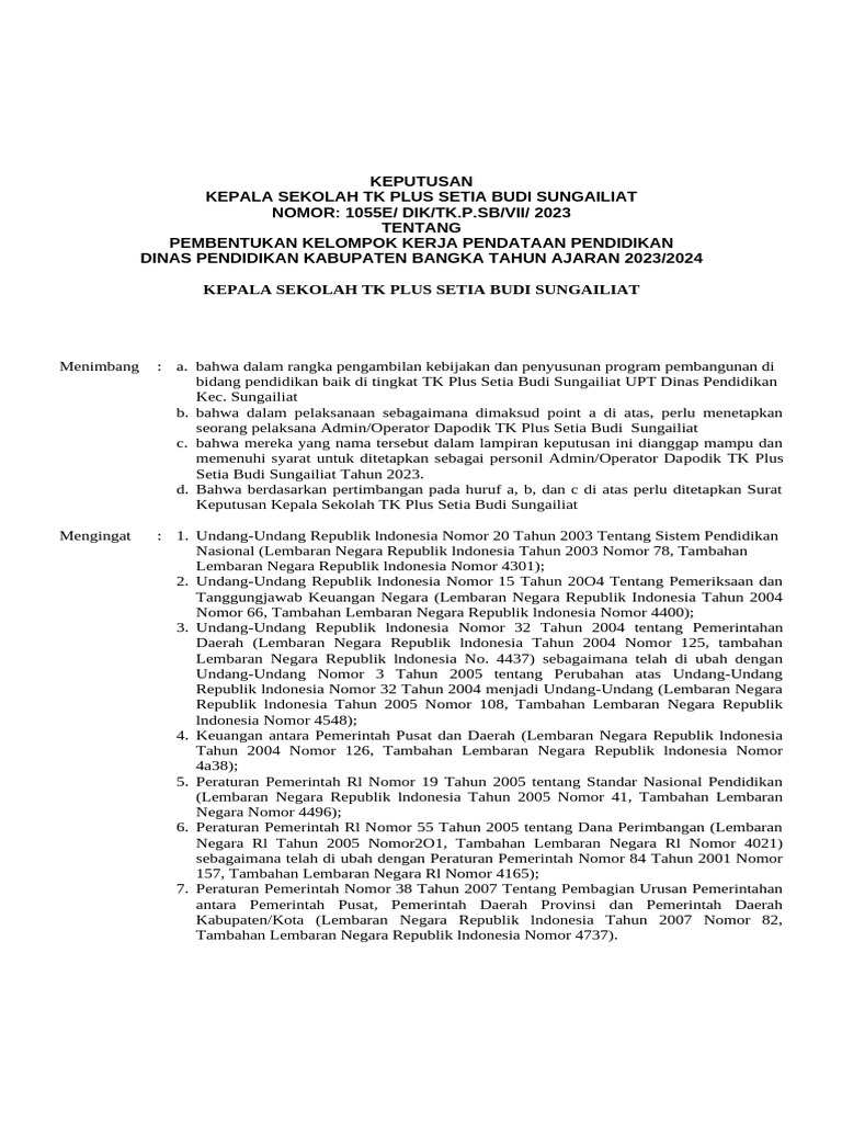 SK Operator Sekolah Dapodik TK Plus SETIA BUDI | PDF