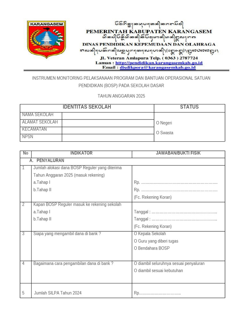 Monitoring BOSP Sekolah Dasar 2025 | PDF