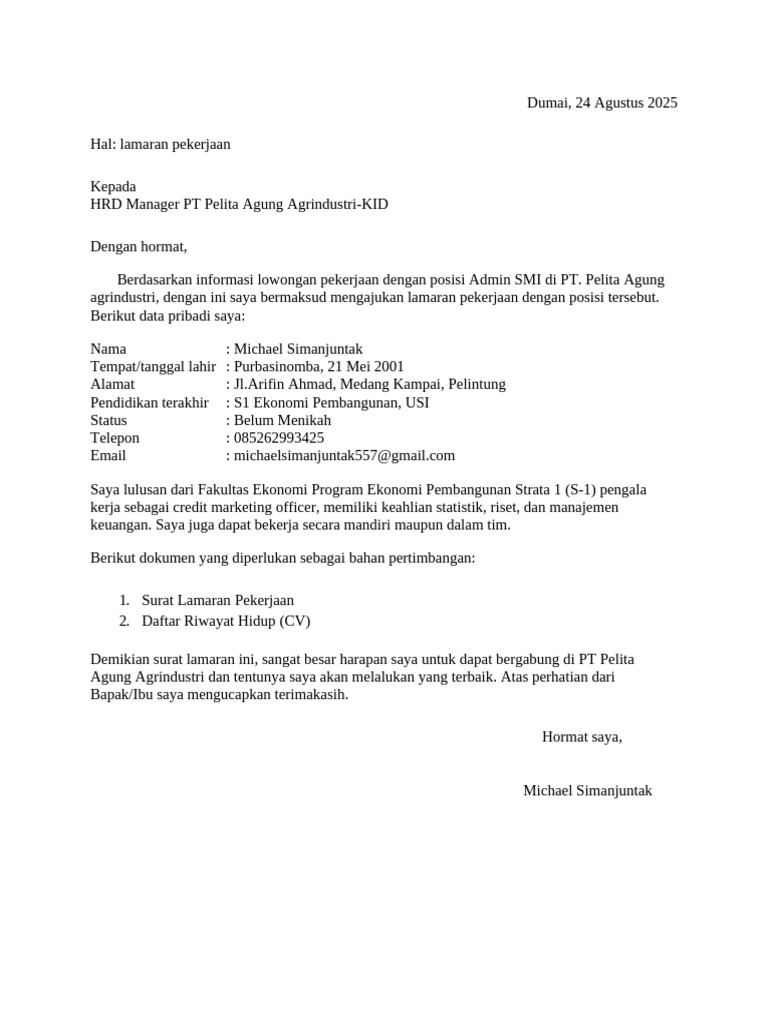 Lamaran Pekerjaan Admin SMI Michael Simanjuntak | PDF