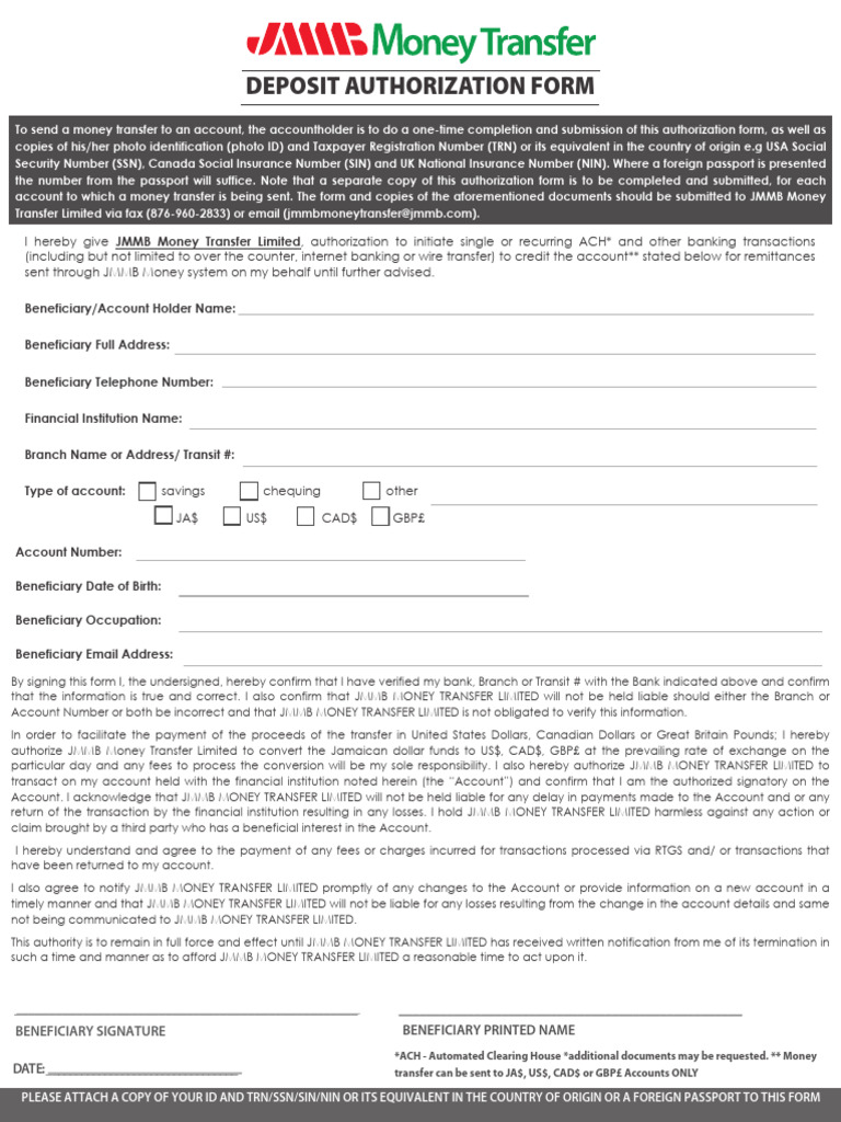 JMMB Money Transfer Authorization Form | PDF | Wire Transfer | Banks
