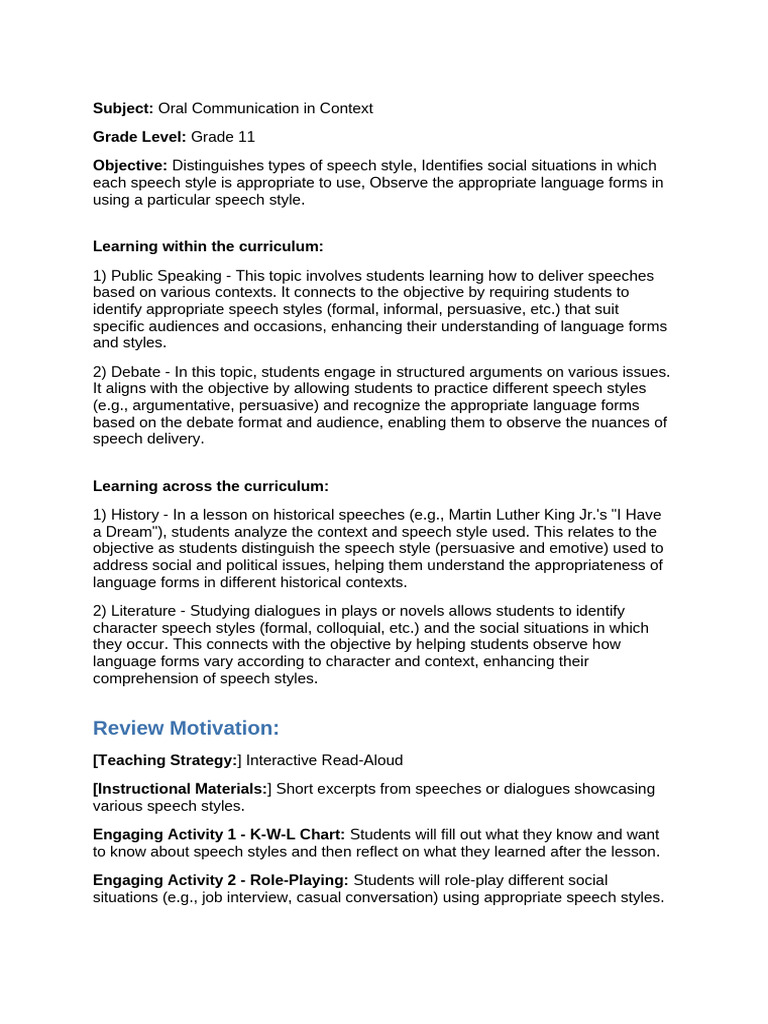 Lesson - Plan - Oral Communication in Context | PDF | Public Speaking | Communication