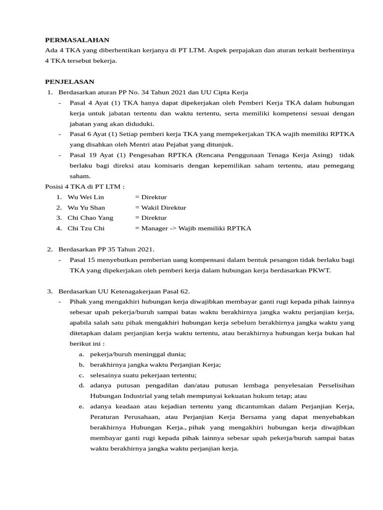 Aturan Terkait Phk Tka Pt Ltm (1) | PDF