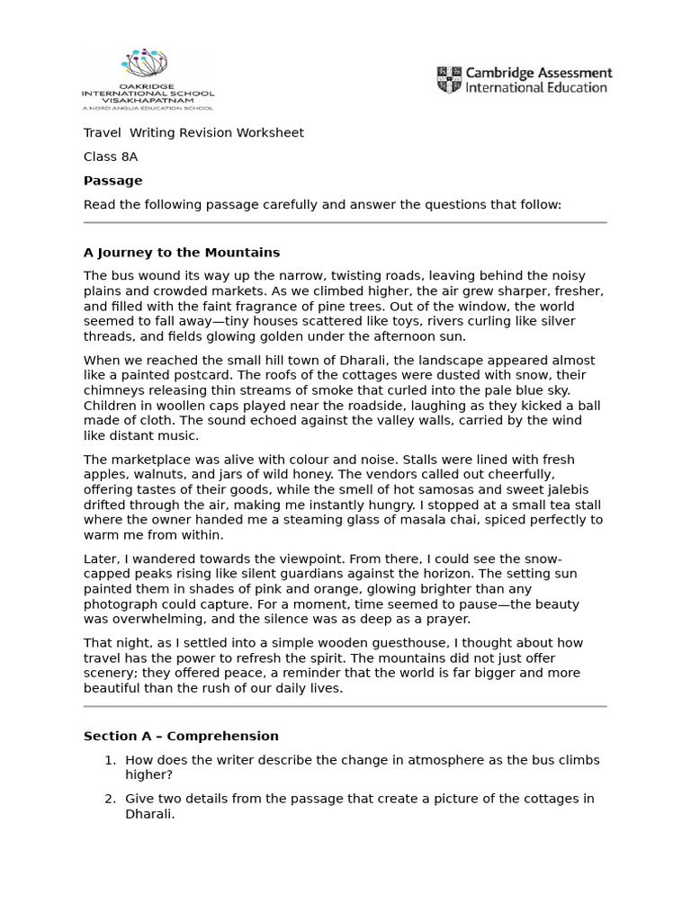 Travel Writing Revision Worksheet | PDF