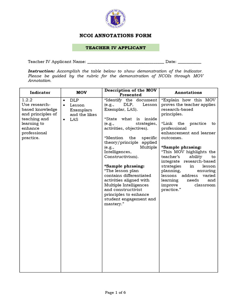 SUGGESTED-NCOI Annotations Form for Teacher IV Applicant | PDF | Constructivism (Philosophy Of ...