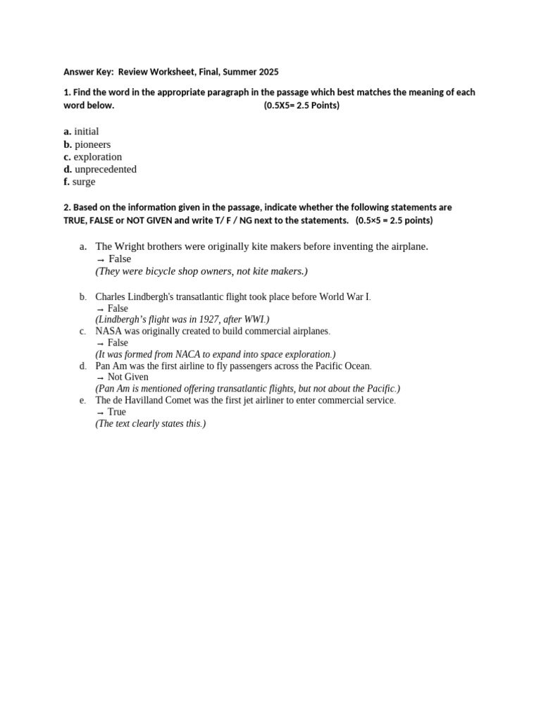 Answer Key Review Sheet Eng-103 Final Summer 2025 | PDF