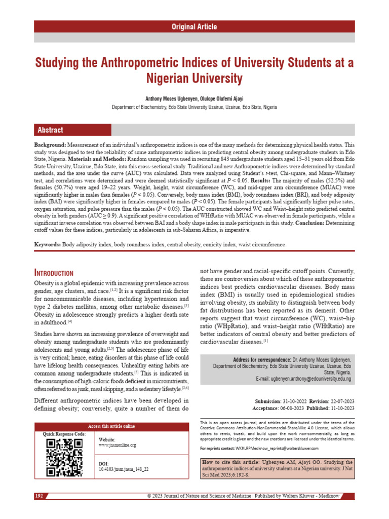 Anthropometric Indices in Nigerian Students | PDF | Body Mass Index ...