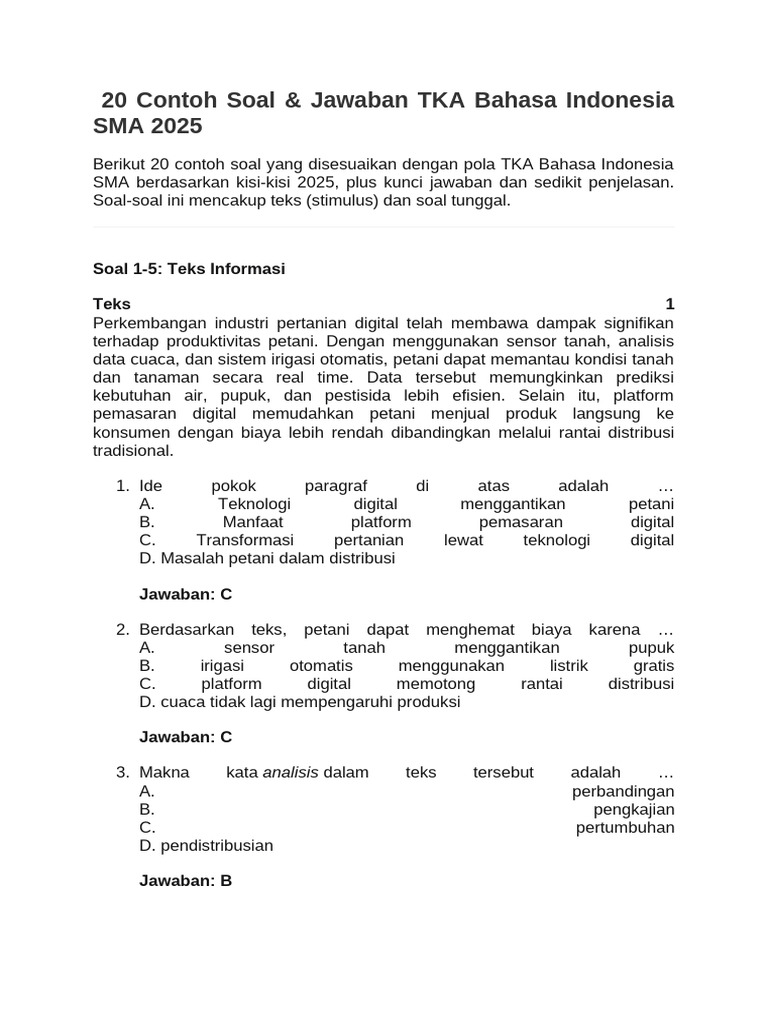 20 Soal TKA Bahasa Indonesia SMA 2025 | PDF