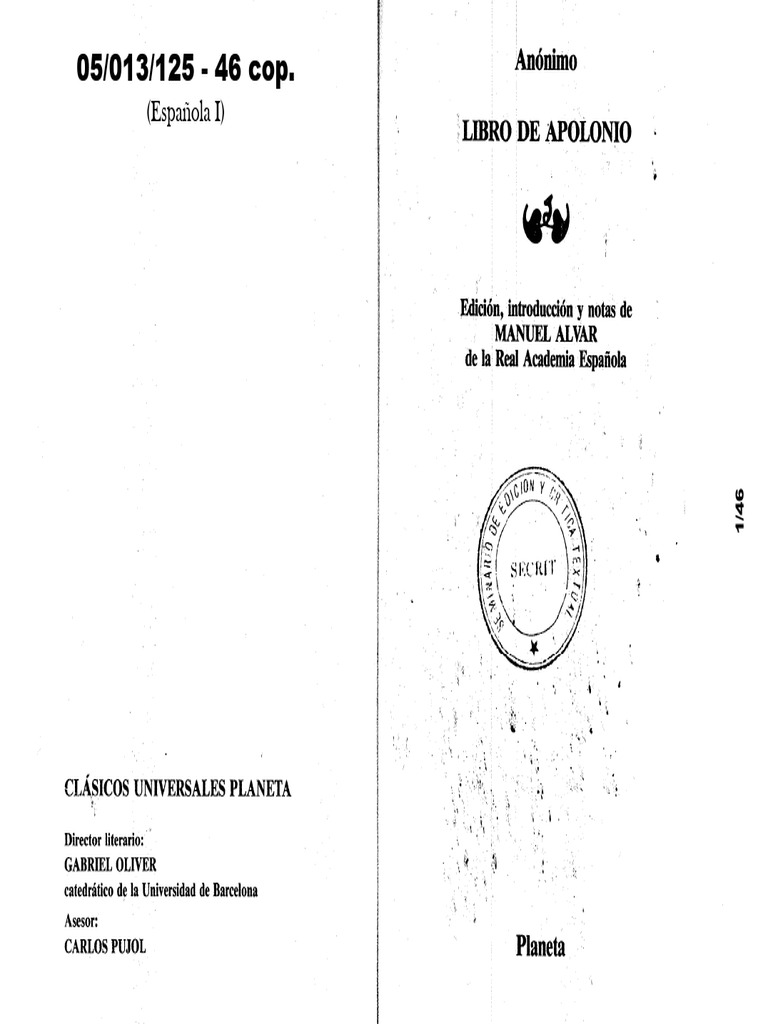ANÓNIMO - Libro de Apolonio (ALVAR Ed.) | PDF