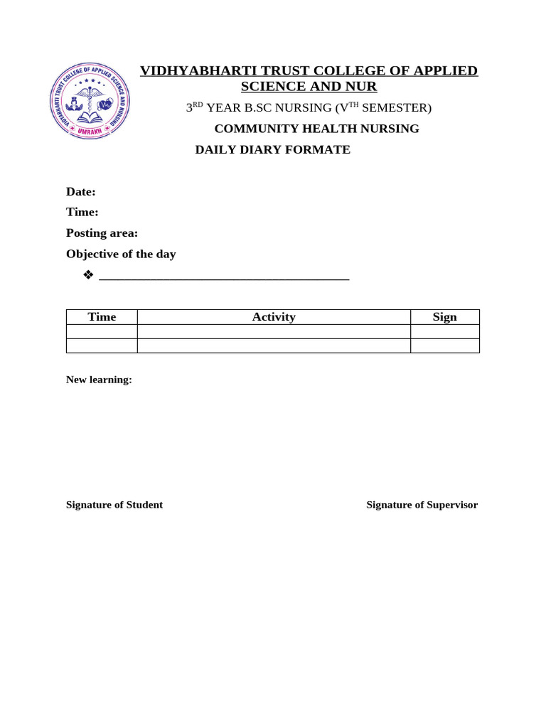 Community Health Nursing Daily Diary | PDF
