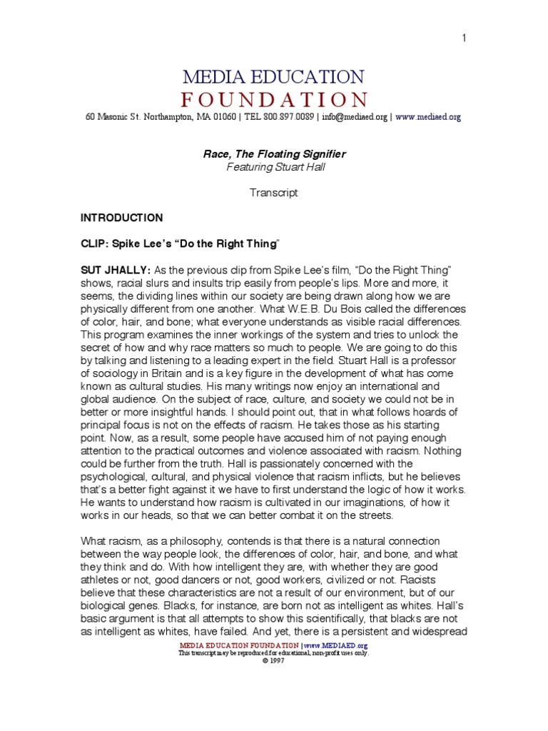 Stuart Hall Race The Floating Signifier Transcript - 407 1997 | PDF ...