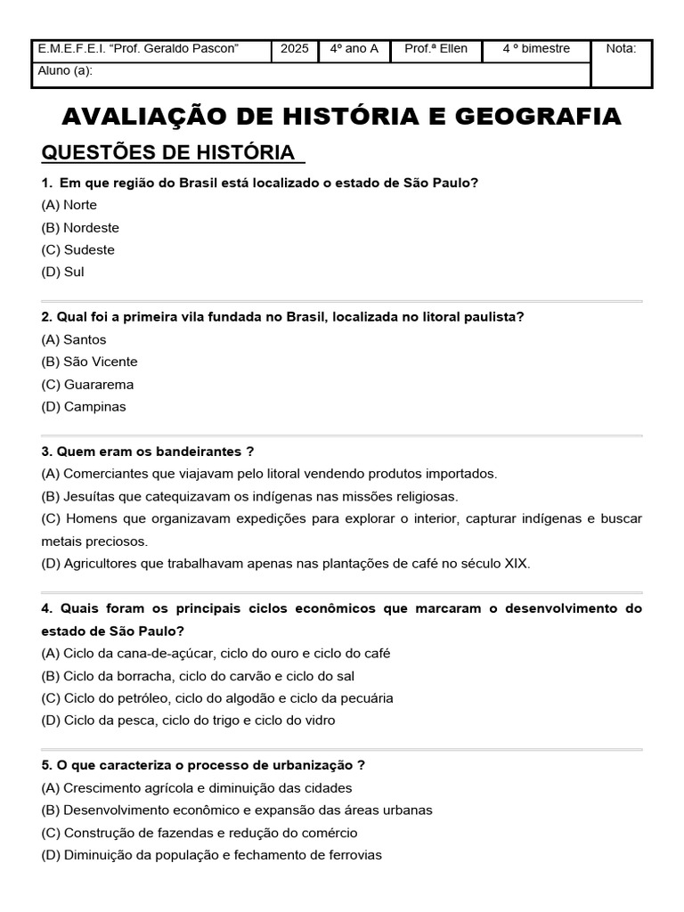 Avaliação de História e Geografia 4º Ano | PDF | Brasileiros | Brasil