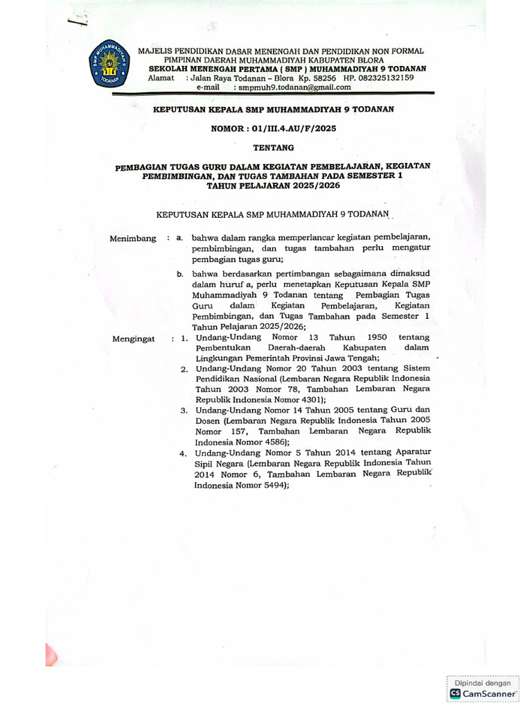 Sk Pembagian Tugas 2025-2026 | PDF