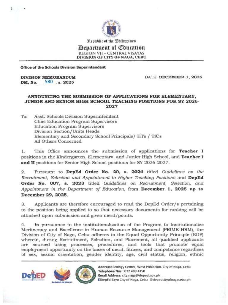 Division Memo-2025-580 - Announcing The Submission of Applications For ...