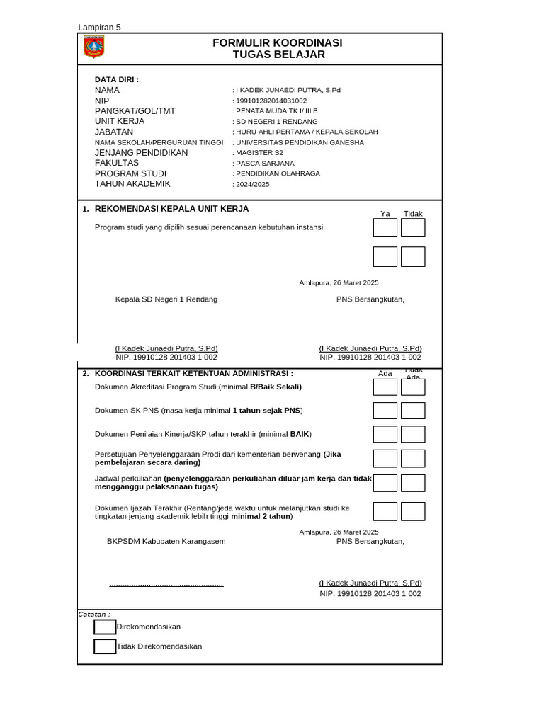 Form Koordinasi Tubel - Form | PDF