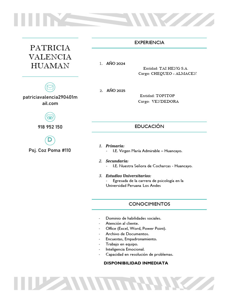 Cv-Patricia Valencia Huaman | PDF | Inteligencia | Ciencias del ...
