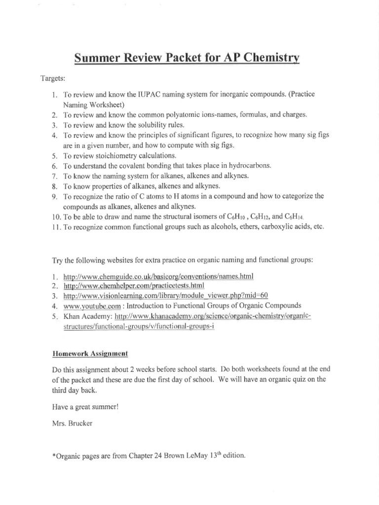 AP Chem Summer Packet 2025 | PDF