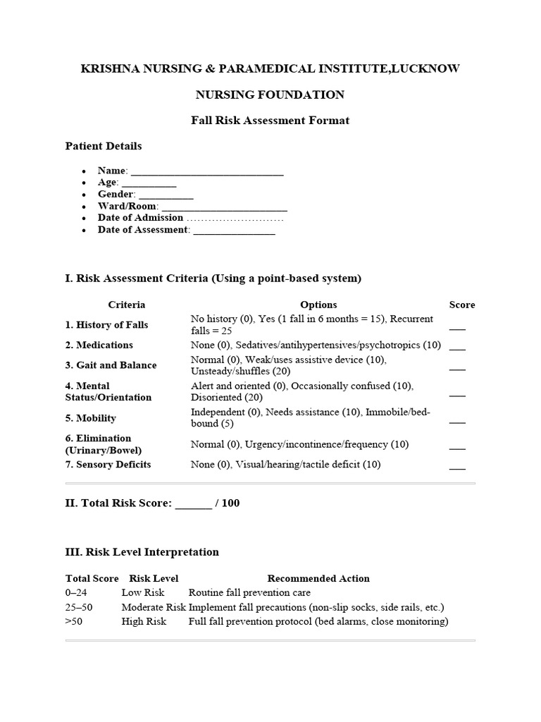Fall Risk Assessment for Nursing Patients | PDF
