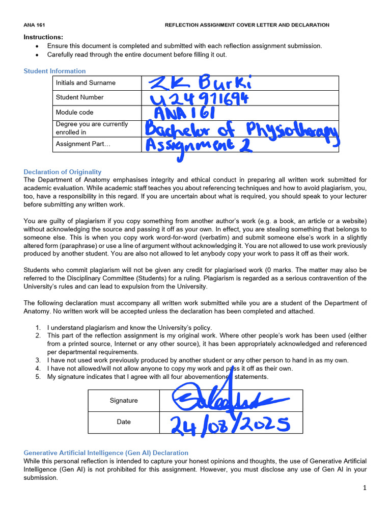 ANA 161 - Assignment Declaration Form (1) - 250824 - 213 - 250824 ...