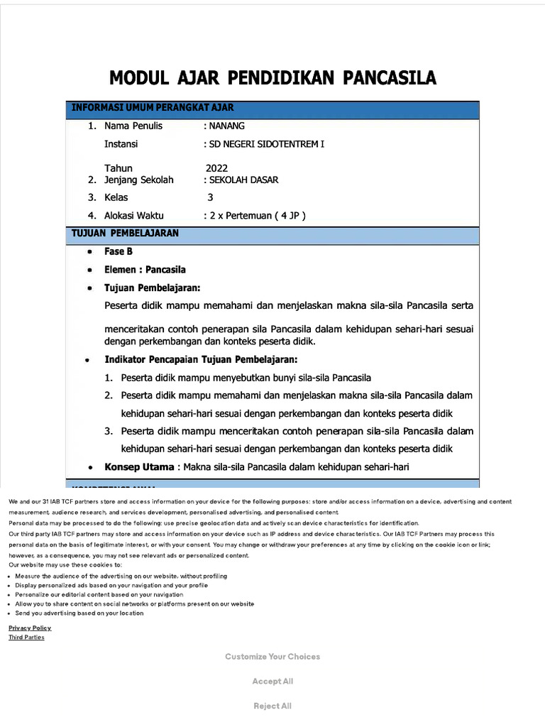 PDF Modul Ajar Pendidikan Pancasila Kelas 3 Compress | PDF