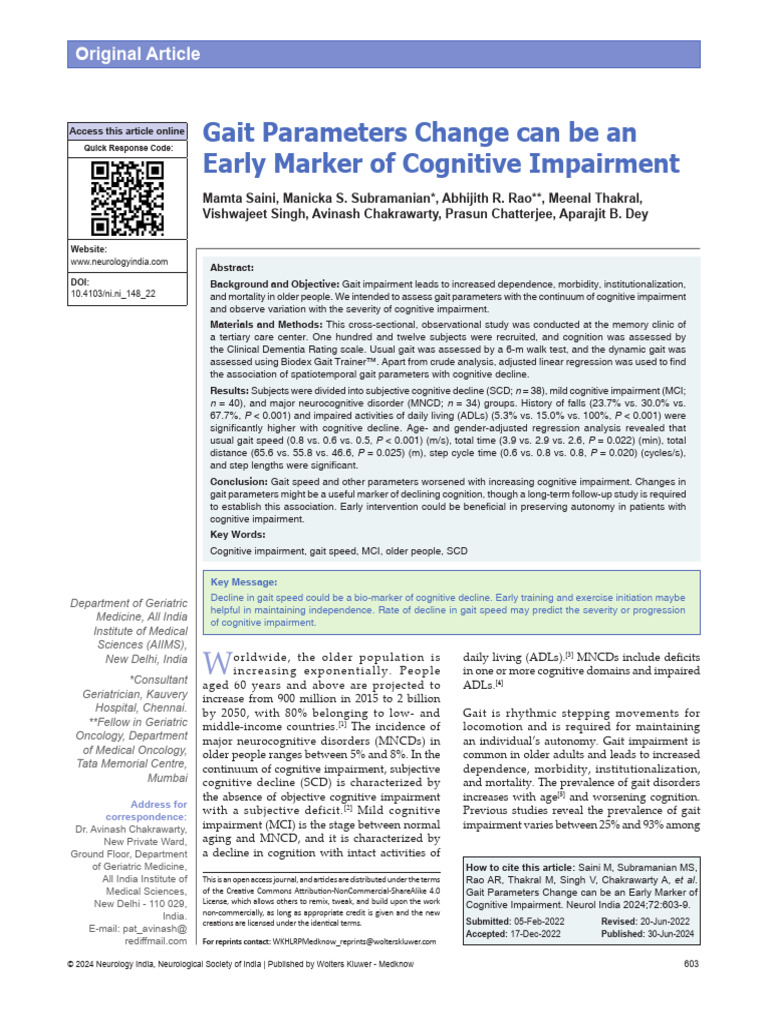 Gait Parameters Change Can Be An Early Marker Of.23 | PDF | Geriatrics | Cognitive Disorders