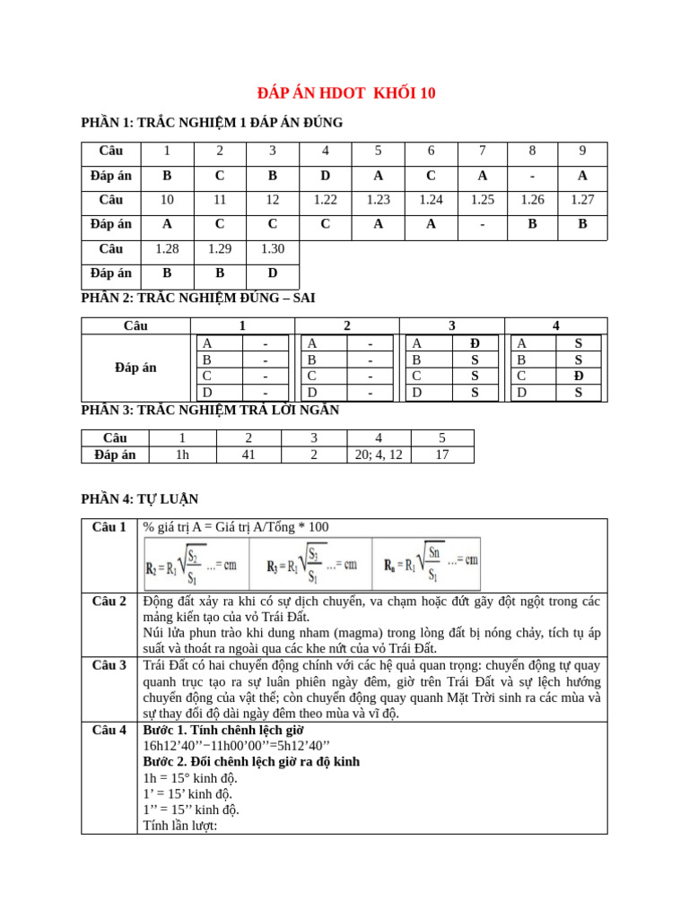ĐÁP ÁN HDOT KHỐI 10 | PDF