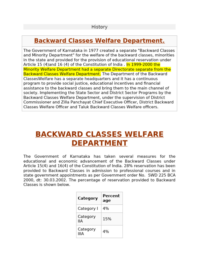 Karnataka Backward Classes Welfare Programs | PDF | Politics Of India ...