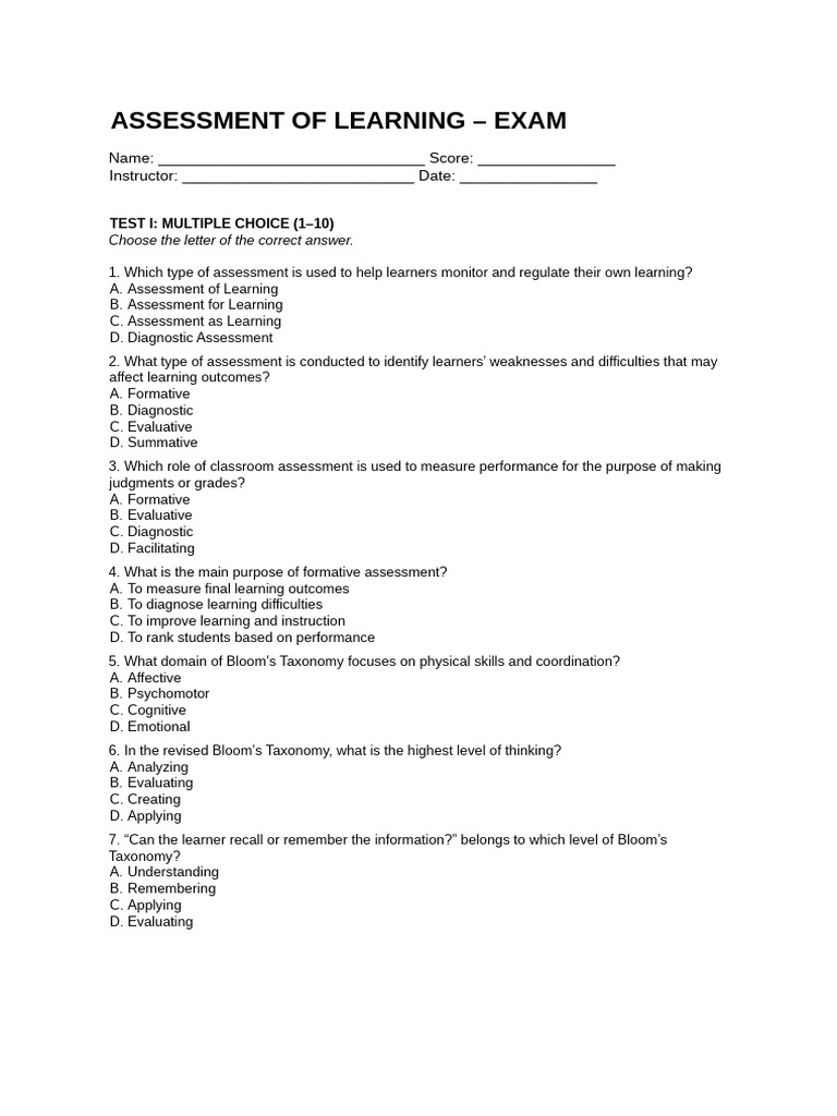 Learning Assessment Exam Guide | PDF | Educational Assessment | Learning