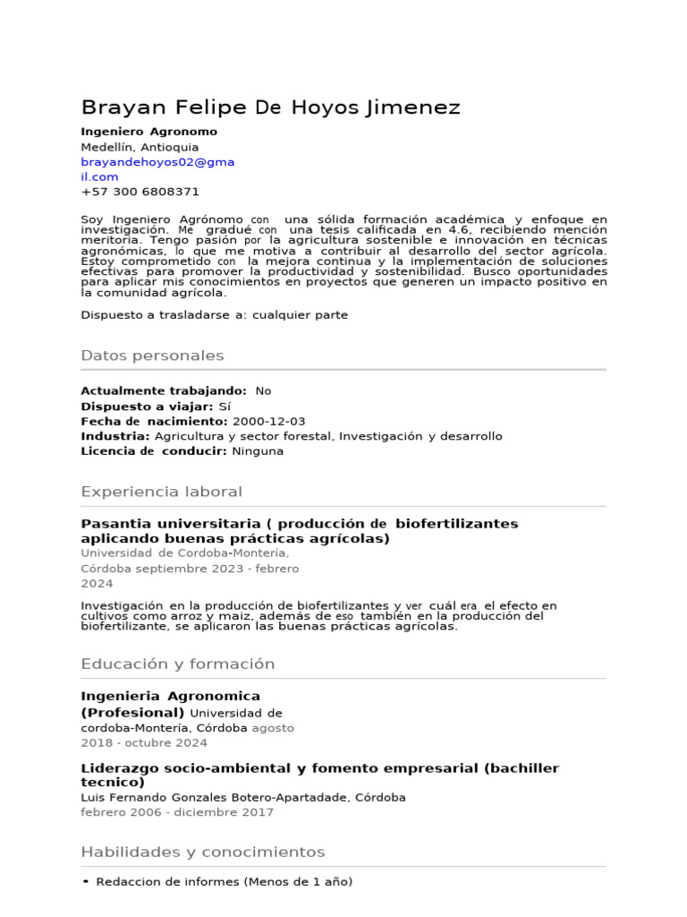 Brayan Felipe de Hoyos Jimenez: Datos Personales | PDF | Agronomía ...