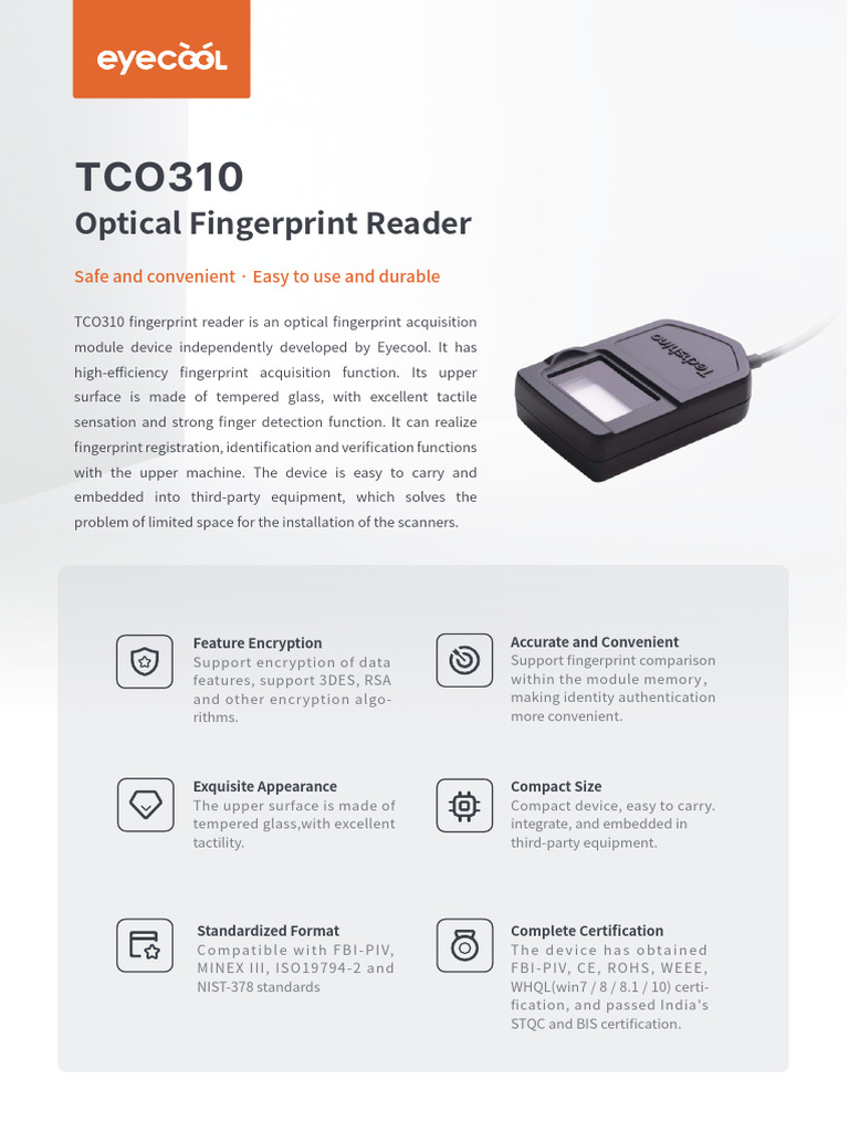 Compact Optical Fingerprint Reader TCO310 | PDF | Fingerprint ...