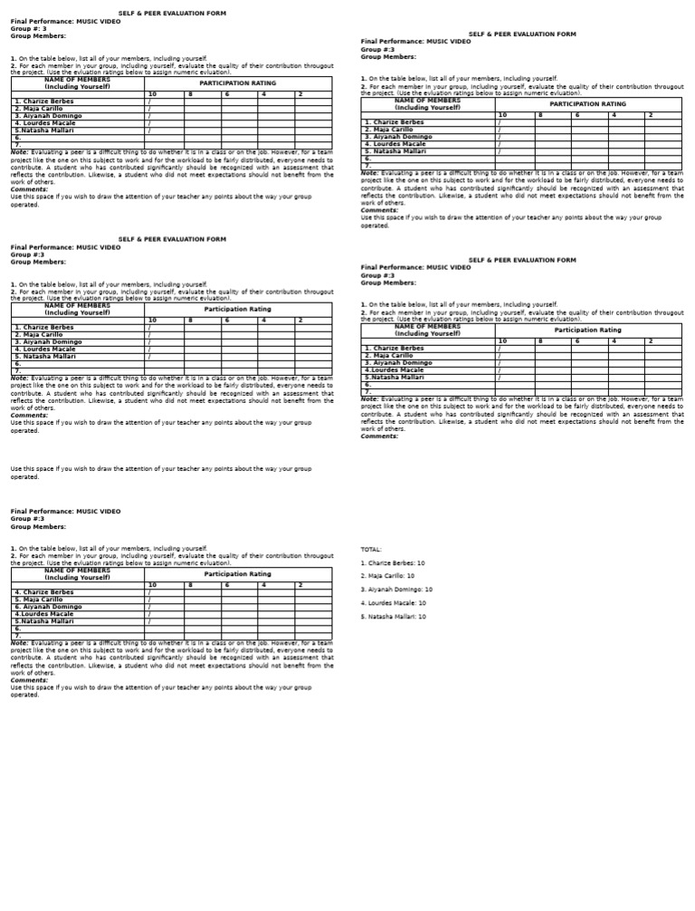 Music Video Peer Evaluation Form | PDF | Evaluation | Chess Openings